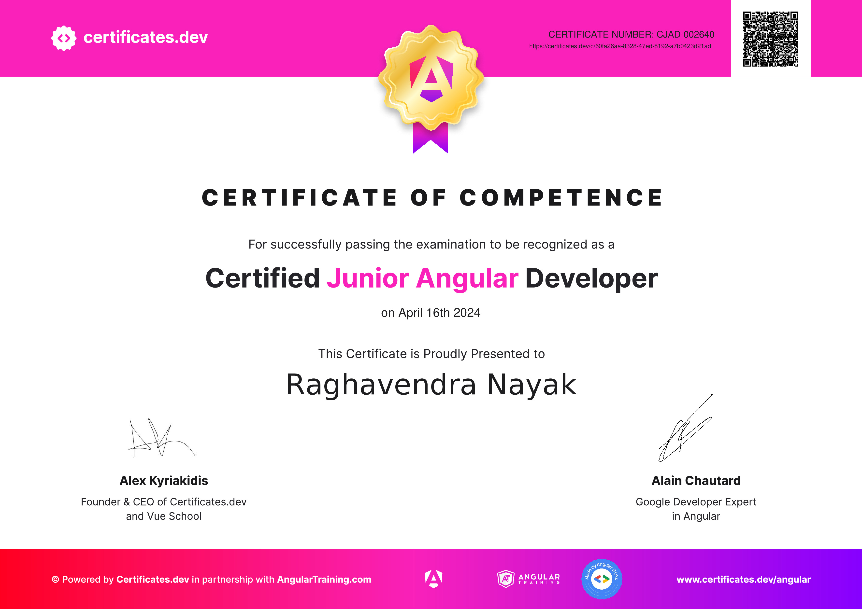 Raghavendra Nayak - Certified Junior Angular Developer