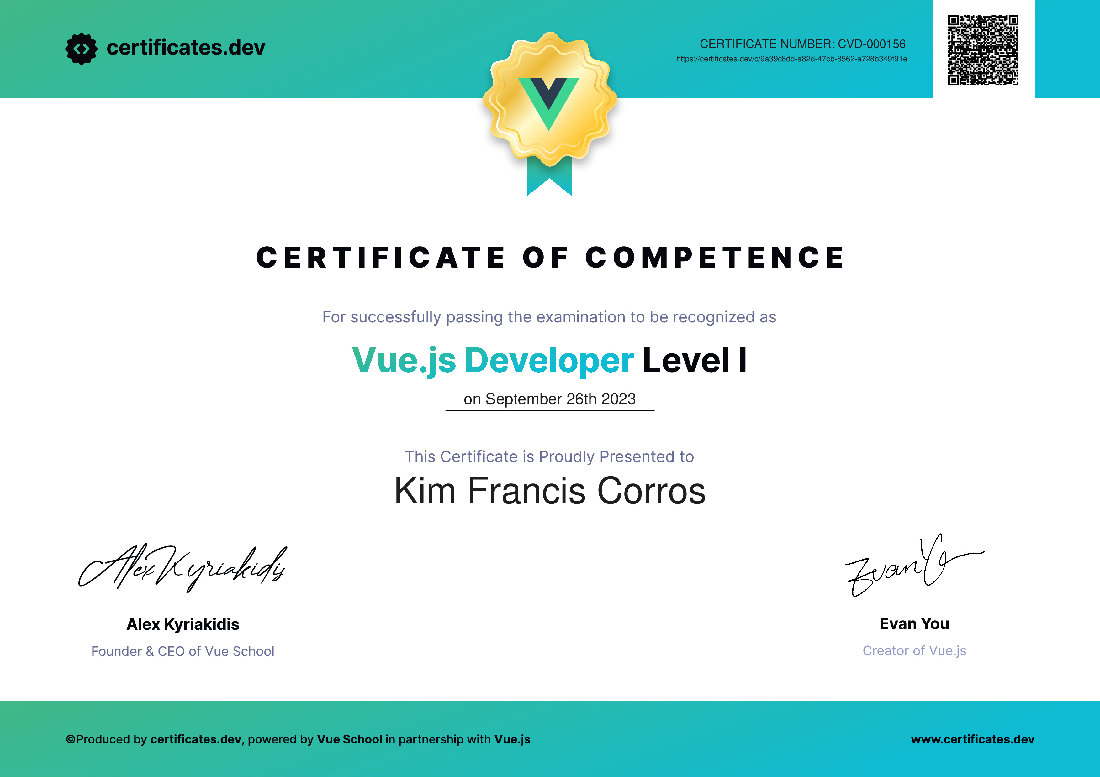 Kim Francis Corros - Certified Mid-Level Vue.js Developer