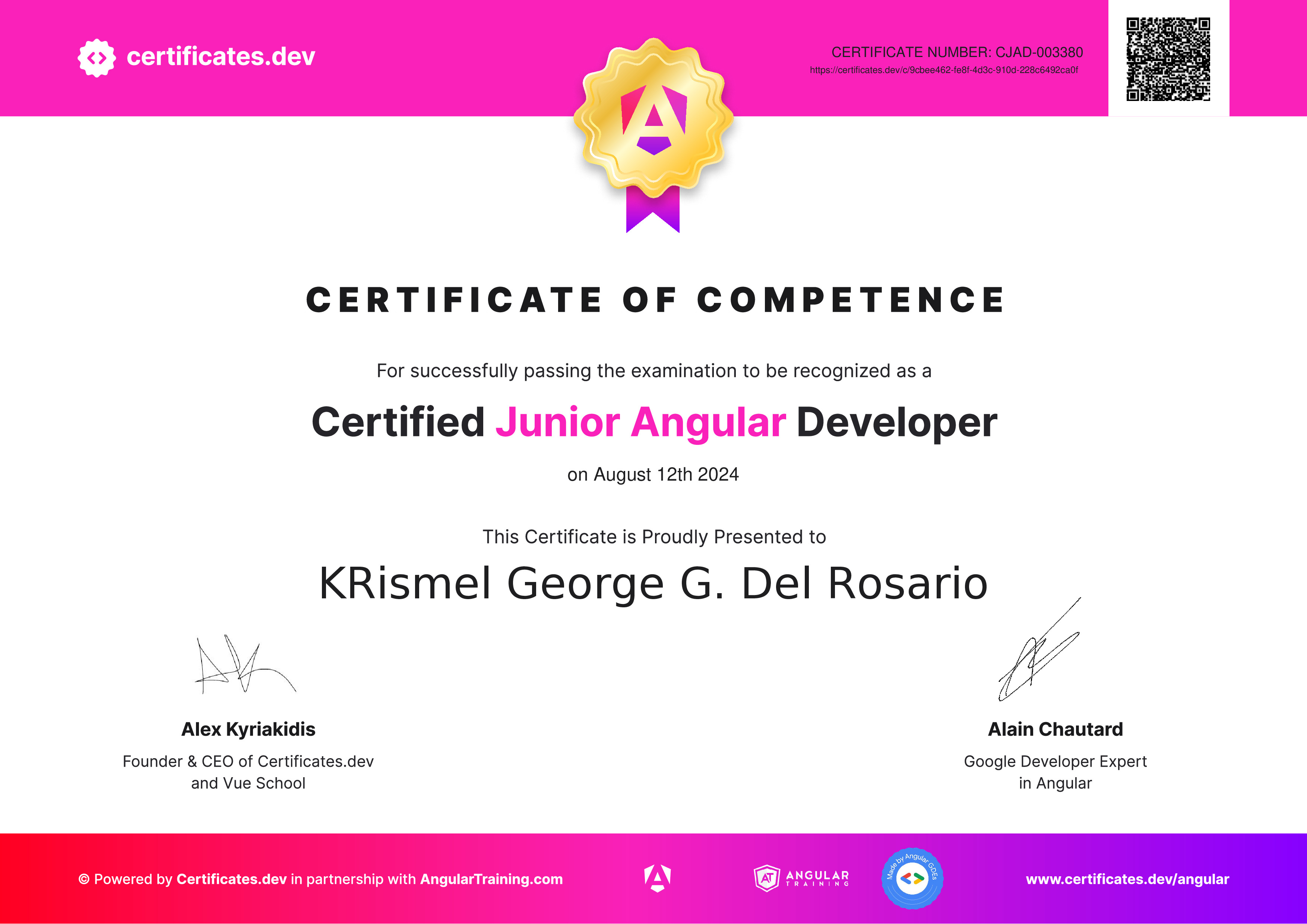 Krismel George Del Rosario - Certified Junior Angular Developer