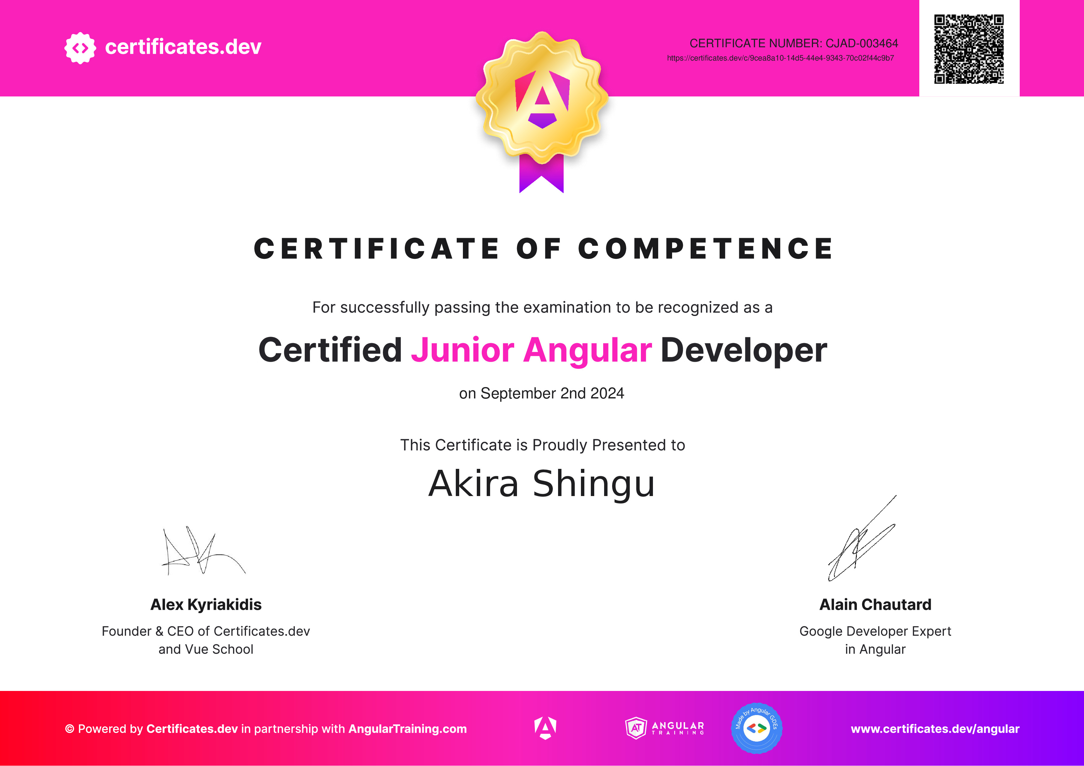 Akira Shingu - Certified Junior Angular Developer