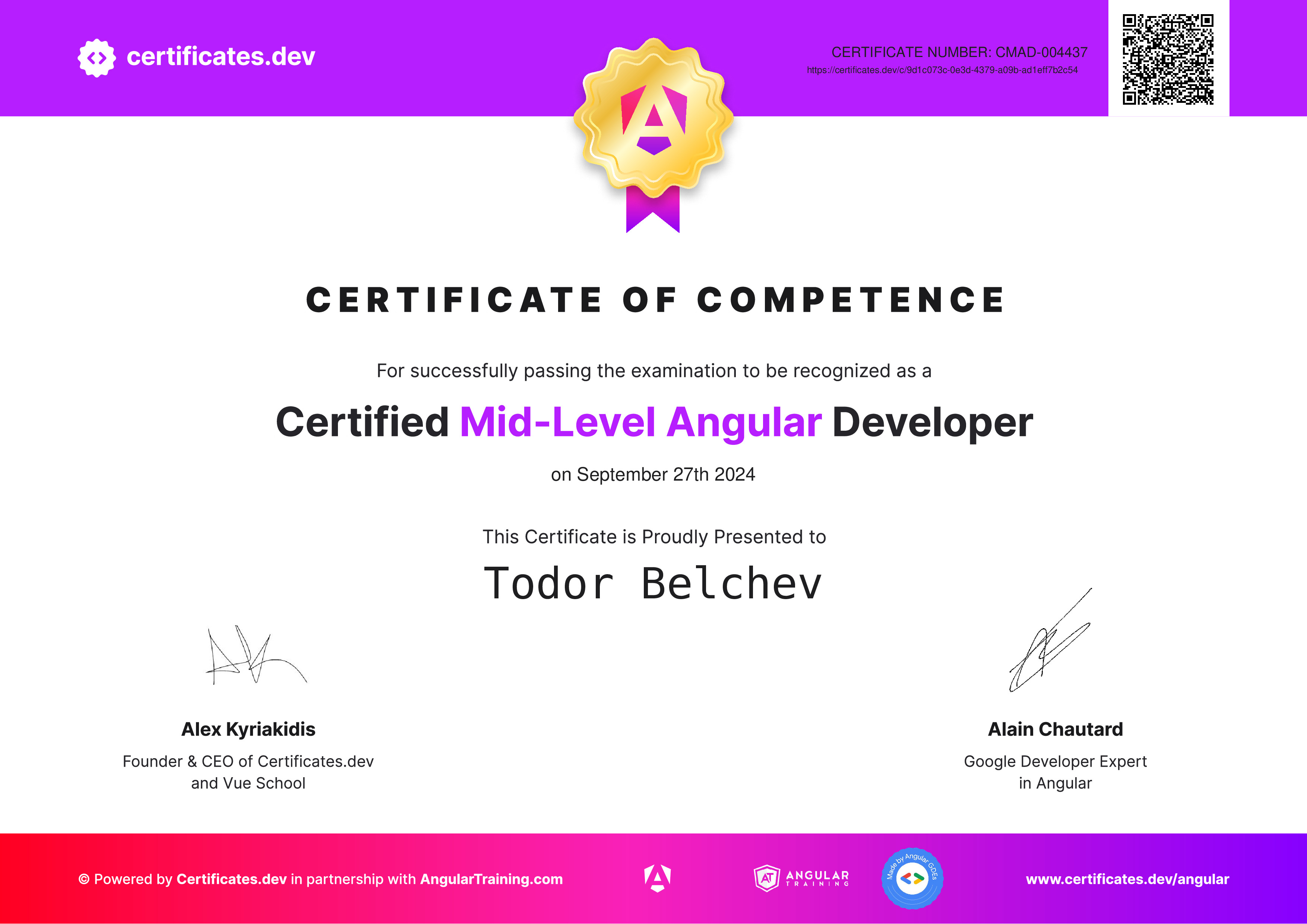 Todor Belchev - Certified Mid-Level Angular Developer