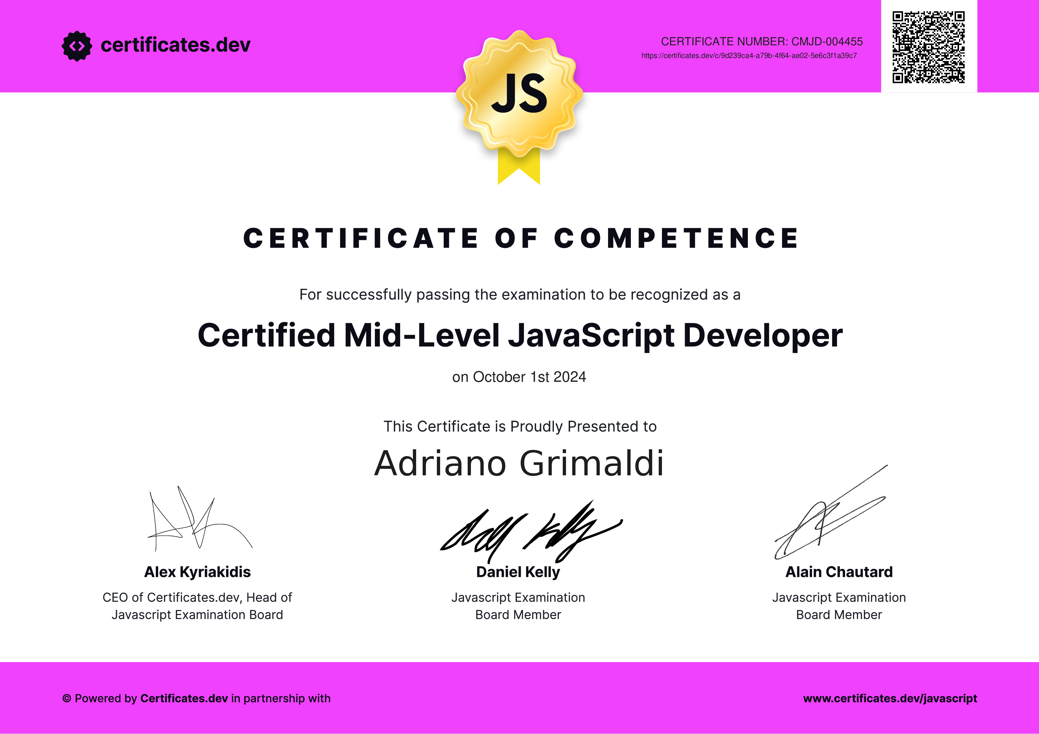 Adriano Grimaldi - Certified Mid-Level JavaScript Developer