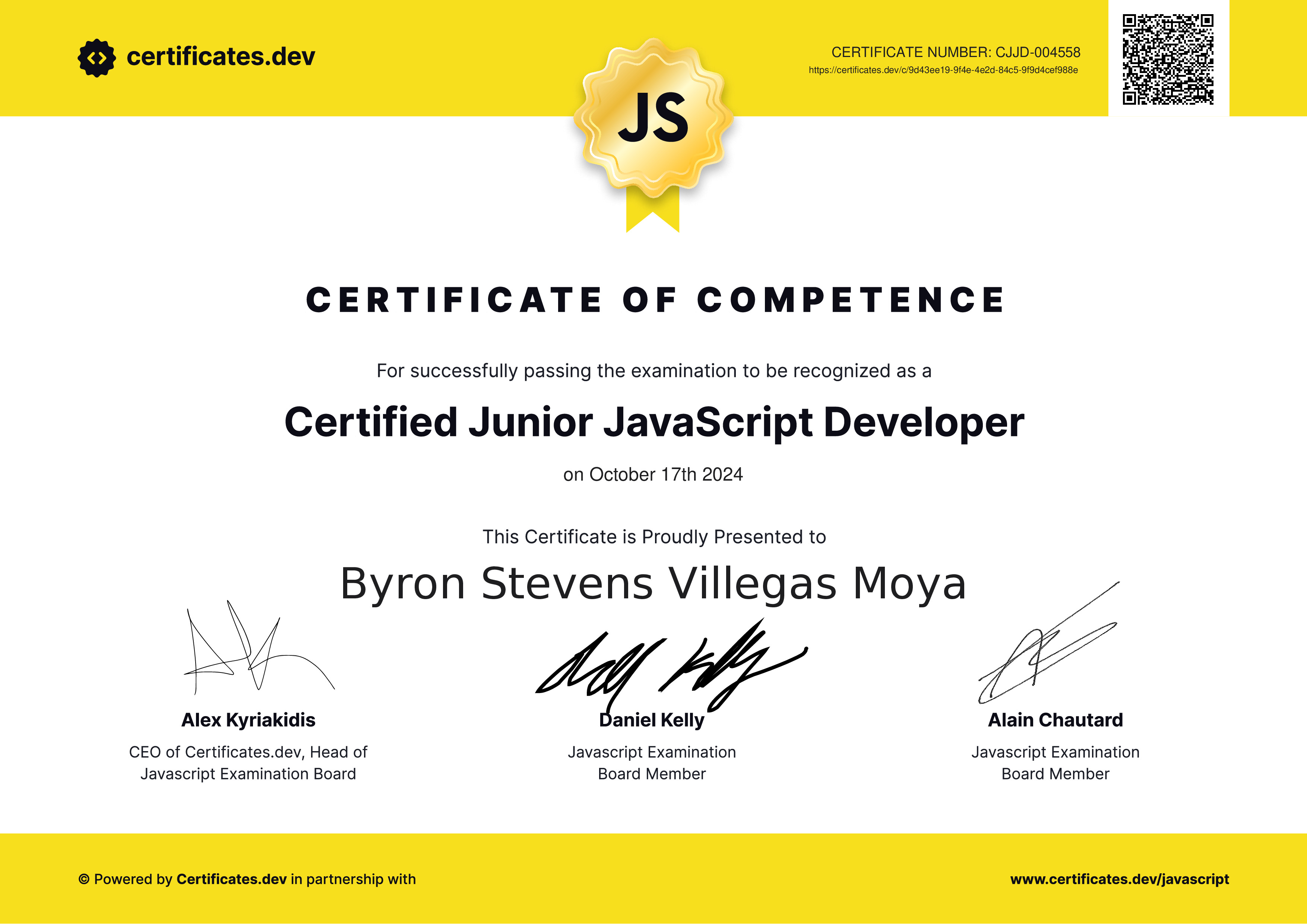 Byron Villegas Moya - Certified Junior JavaScript Developer