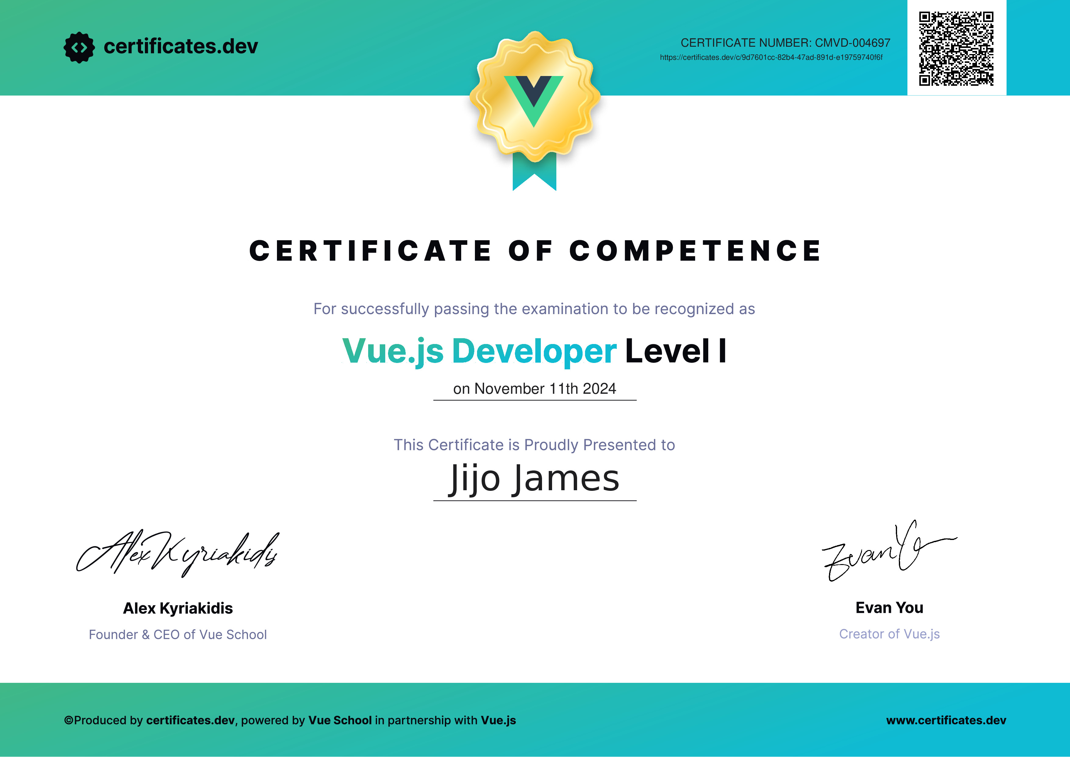 Jijo James - Certified Mid-Level Vue.js Developer