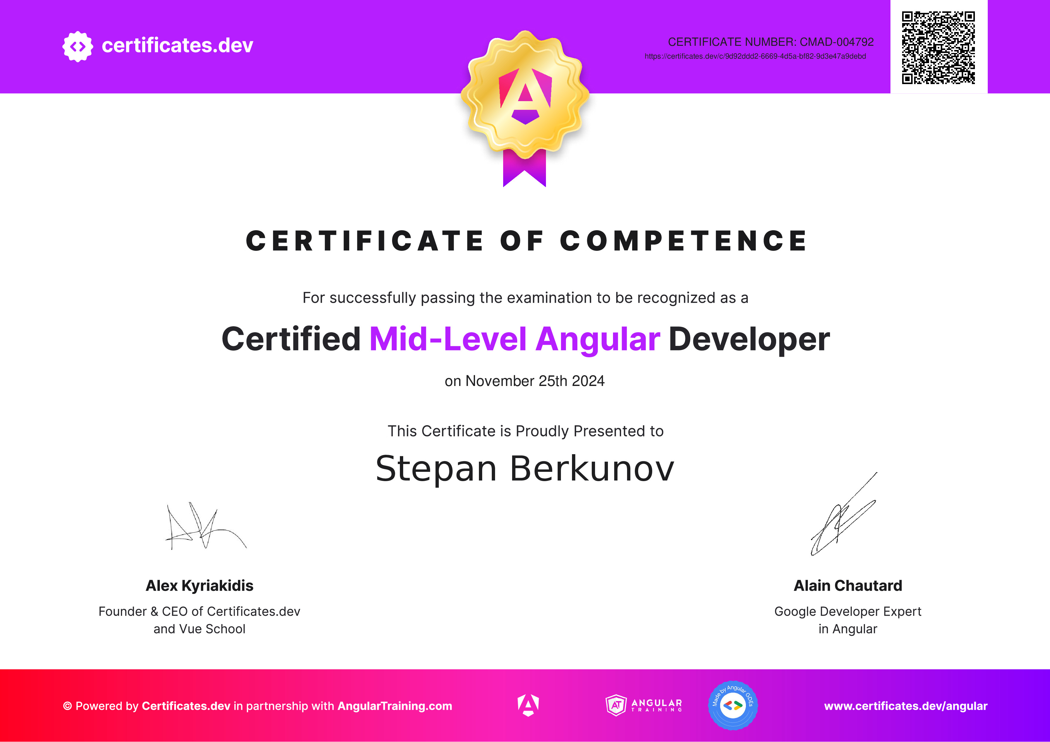 Stepan Berkunov - Certified Mid-Level Angular Developer