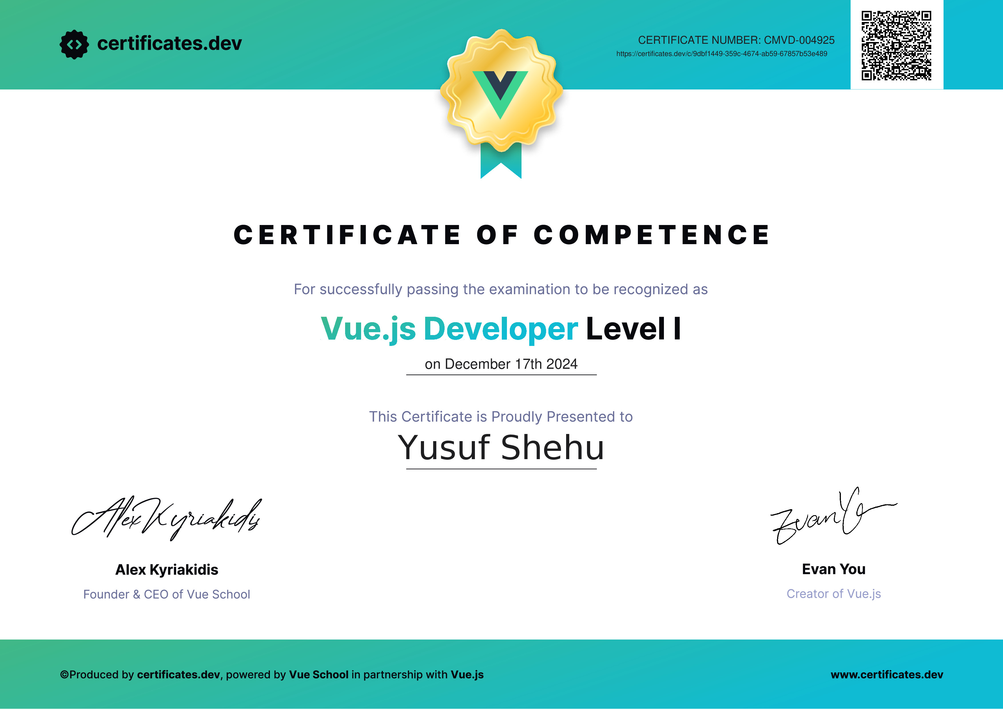 Yusuf Shehu - Certified Mid-Level Vue.js Developer