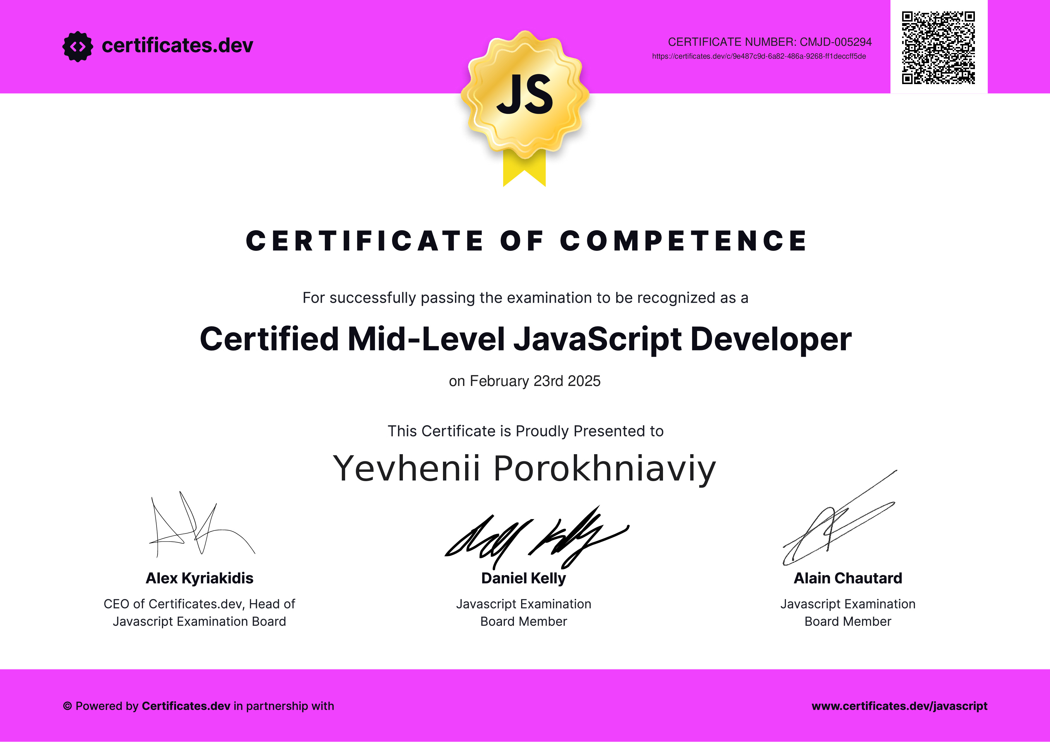 Yevhenii Porokhniaviy - Certified Mid-Level JavaScript Developer