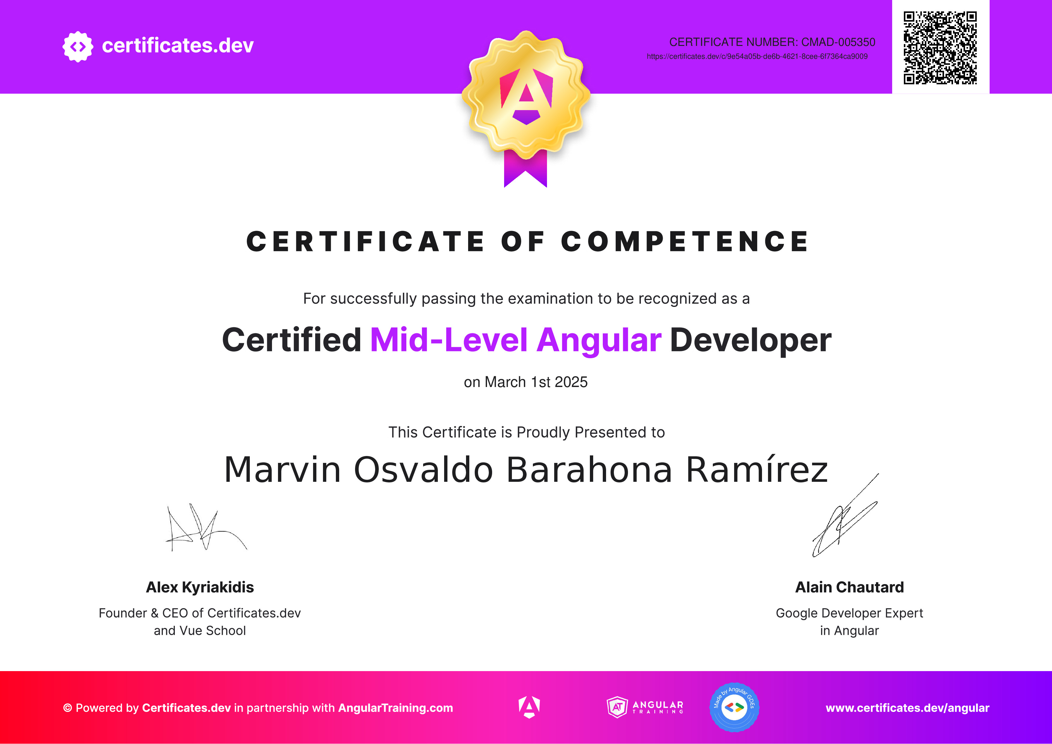 Marvin Osvaldo Barahona Ramírez - Certified Mid-Level Angular Developer