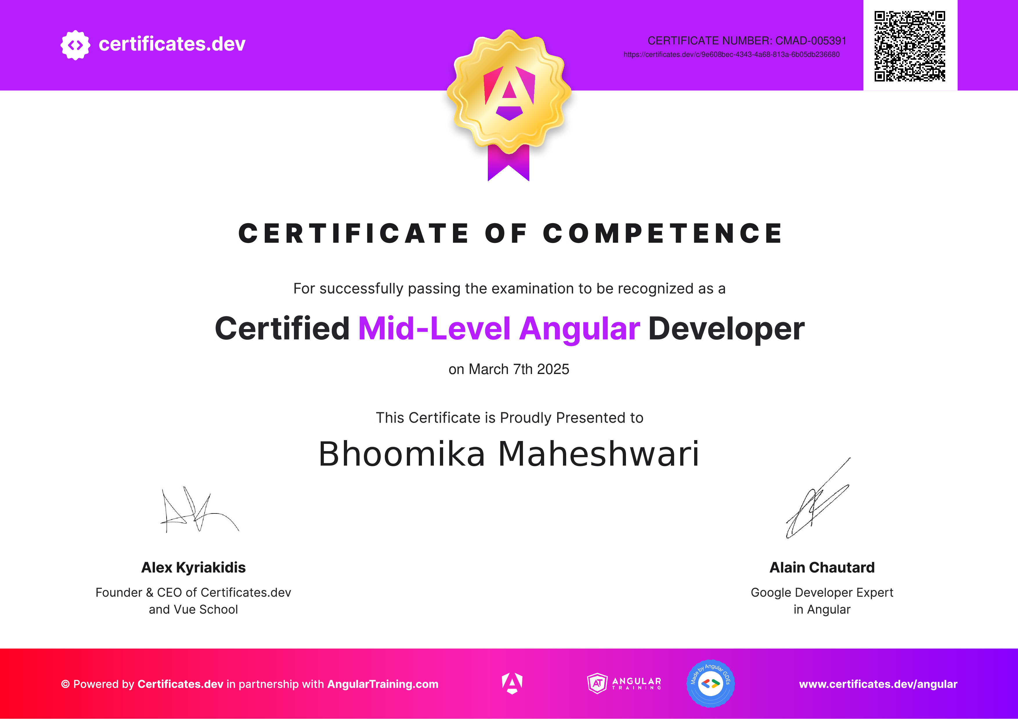 Bhoomika Maheshwari - Certified Mid-Level Angular Developer