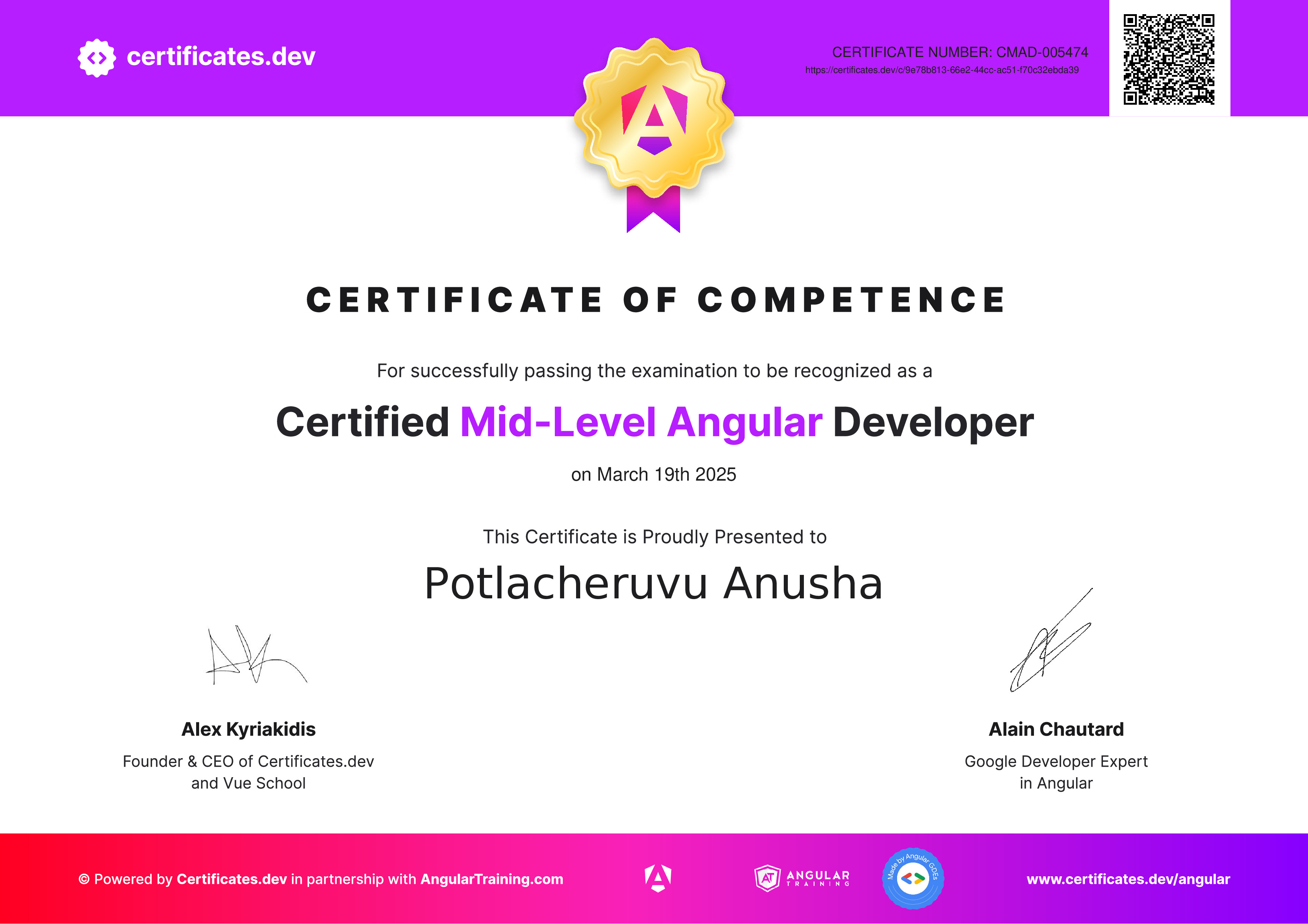 Potlacheruvu Anusha - Certified Mid-Level Angular Developer