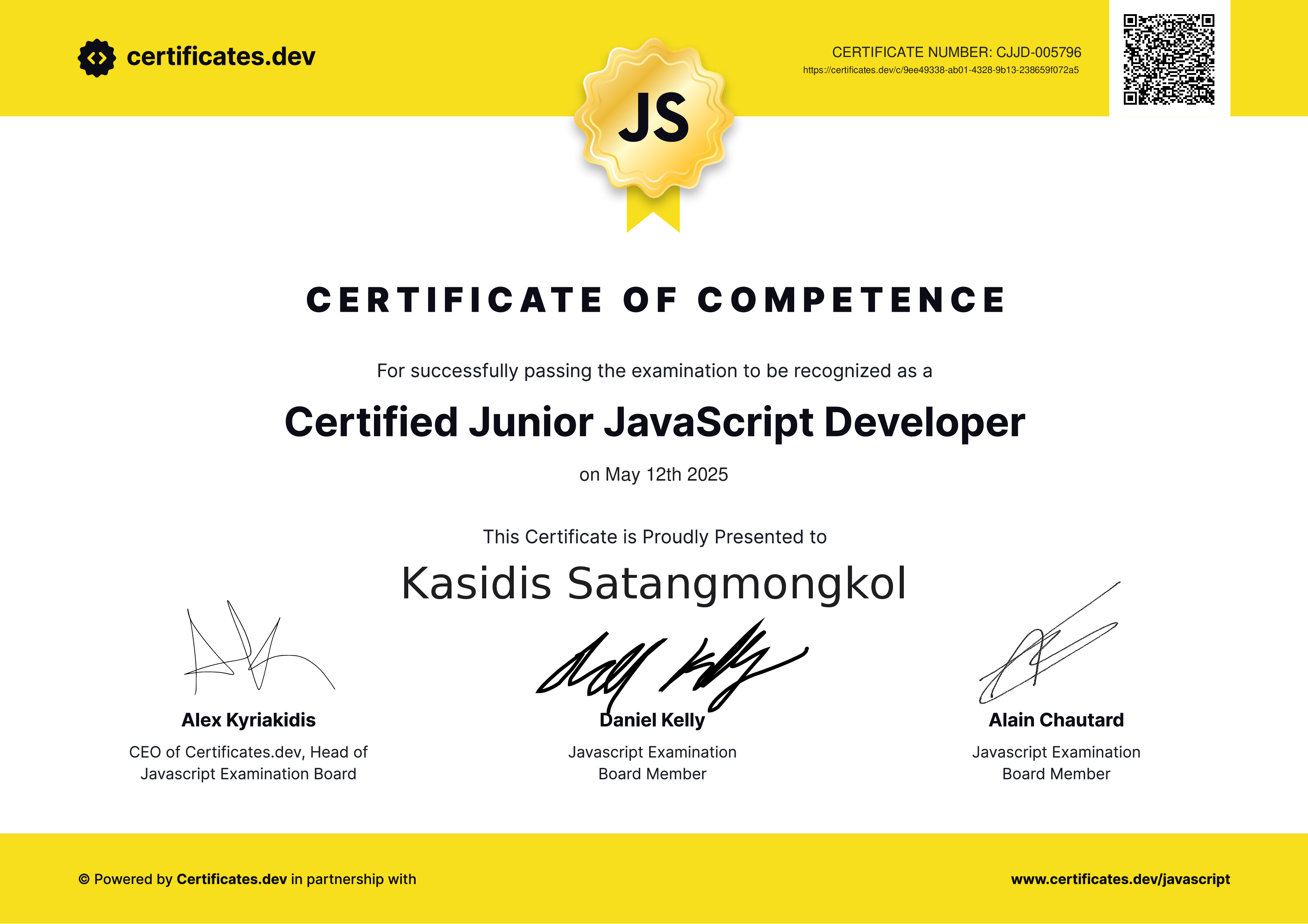 Kasidis Satangmongkol - Certified Junior JavaScript Developer
