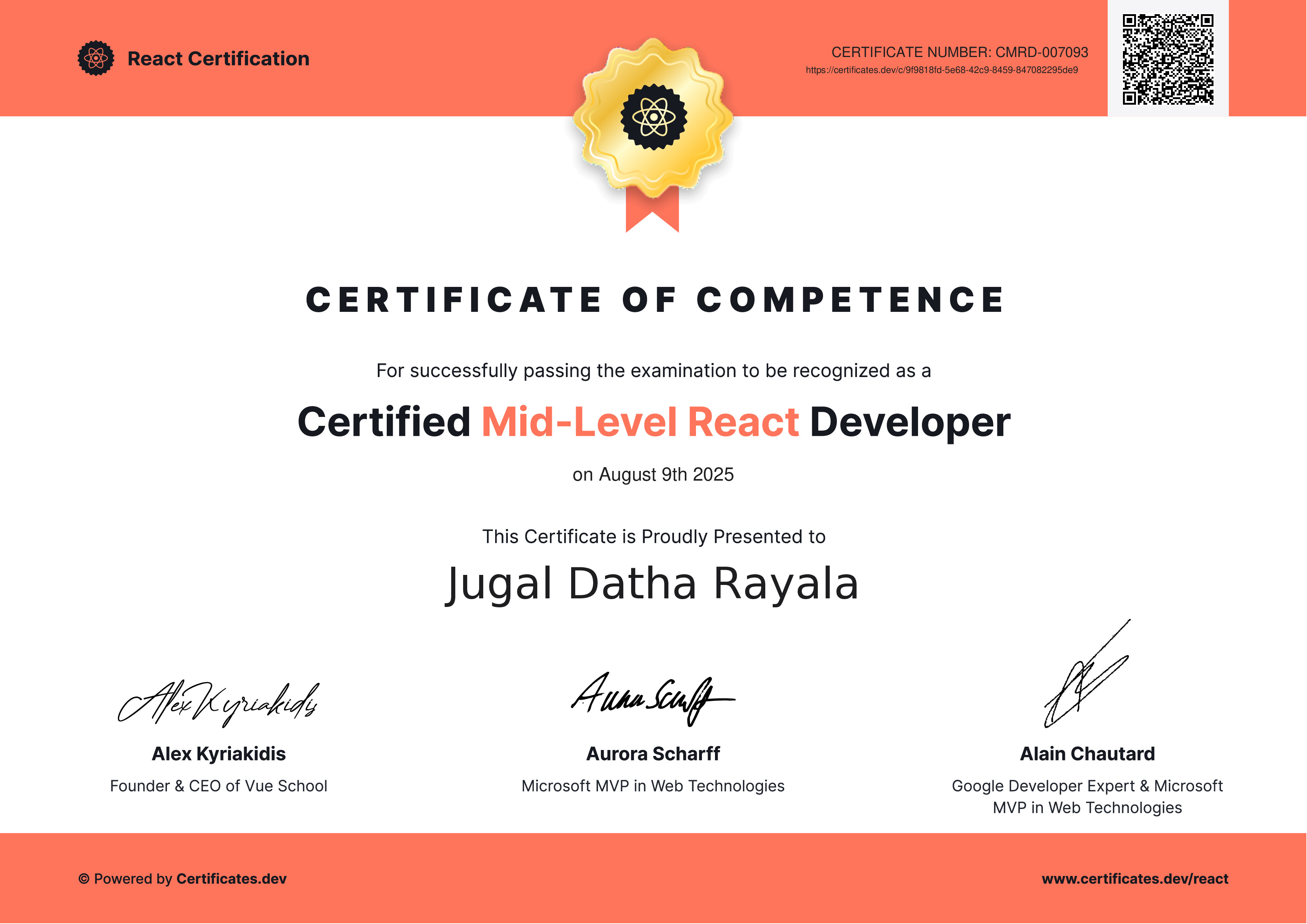 Jugal Datha Rayala - Certified Mid-Level React Developer