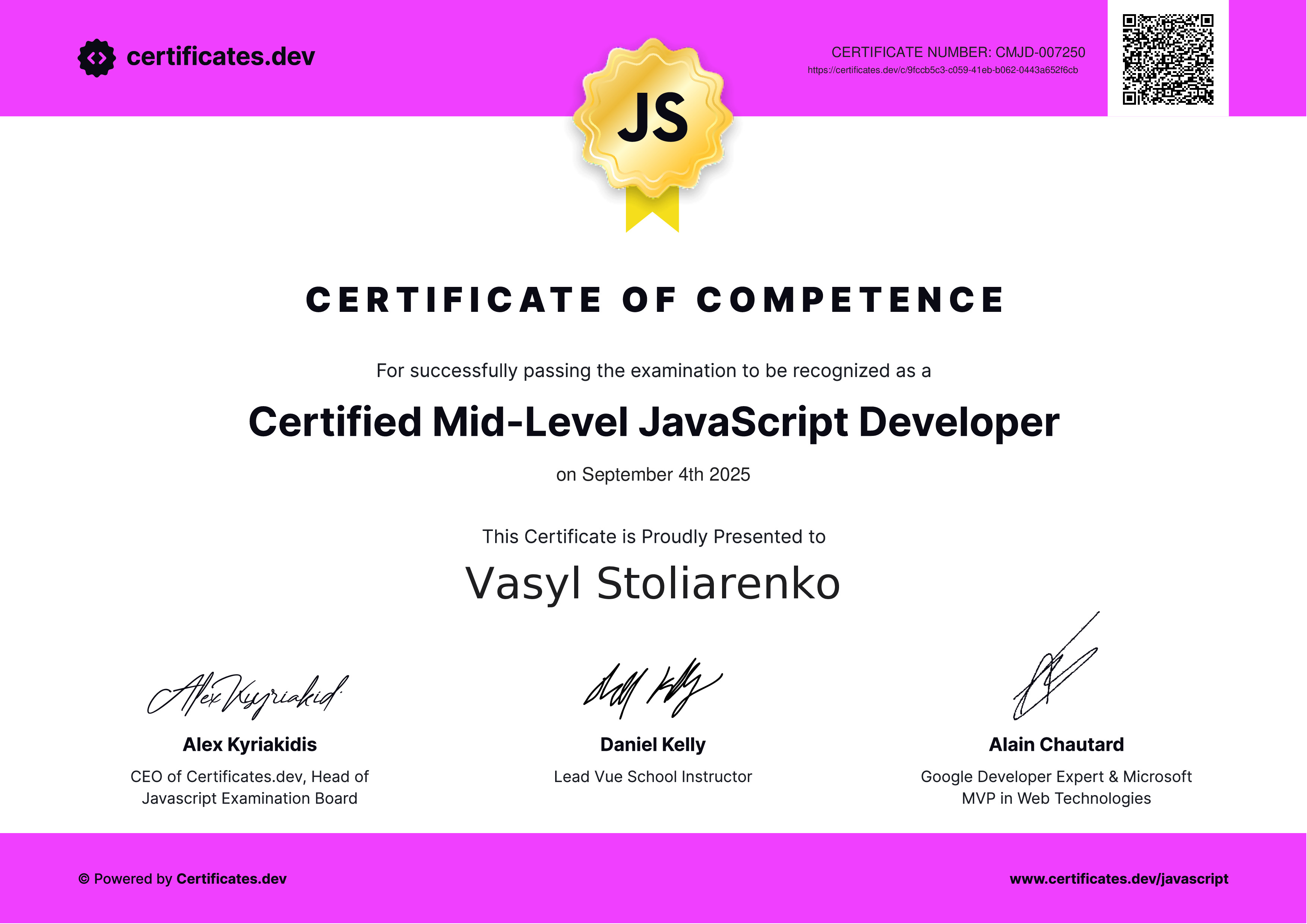 Vasyl Stoliarenko - Certified Mid-Level JavaScript Developer